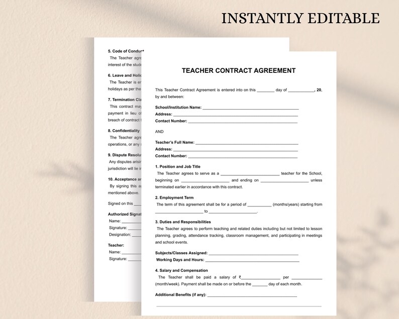 Teacher Contract Agreement Template | Editable Doc & PDF - Etsy