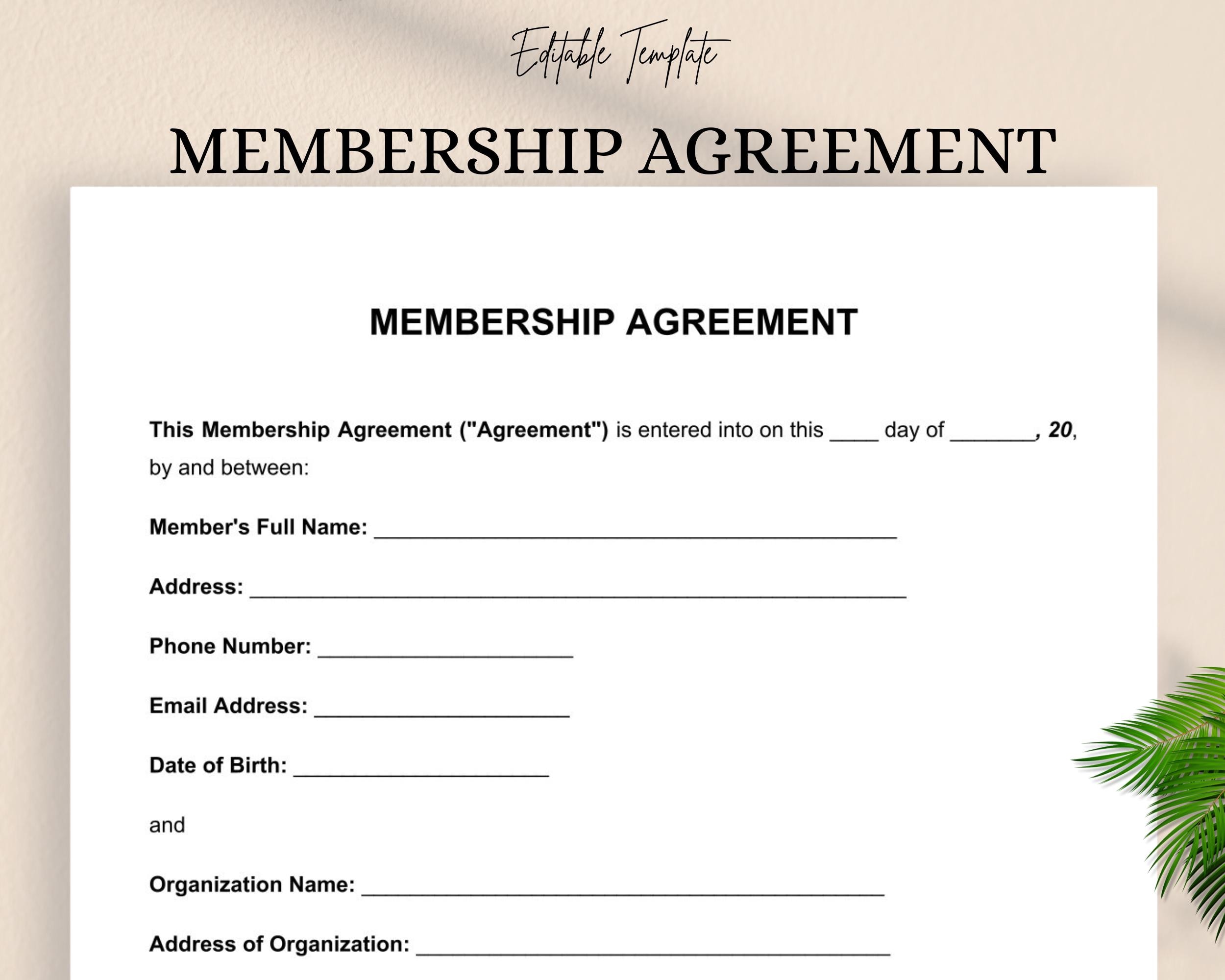 Membership Agreement Template – Editable DOC PDF – Member Terms ...