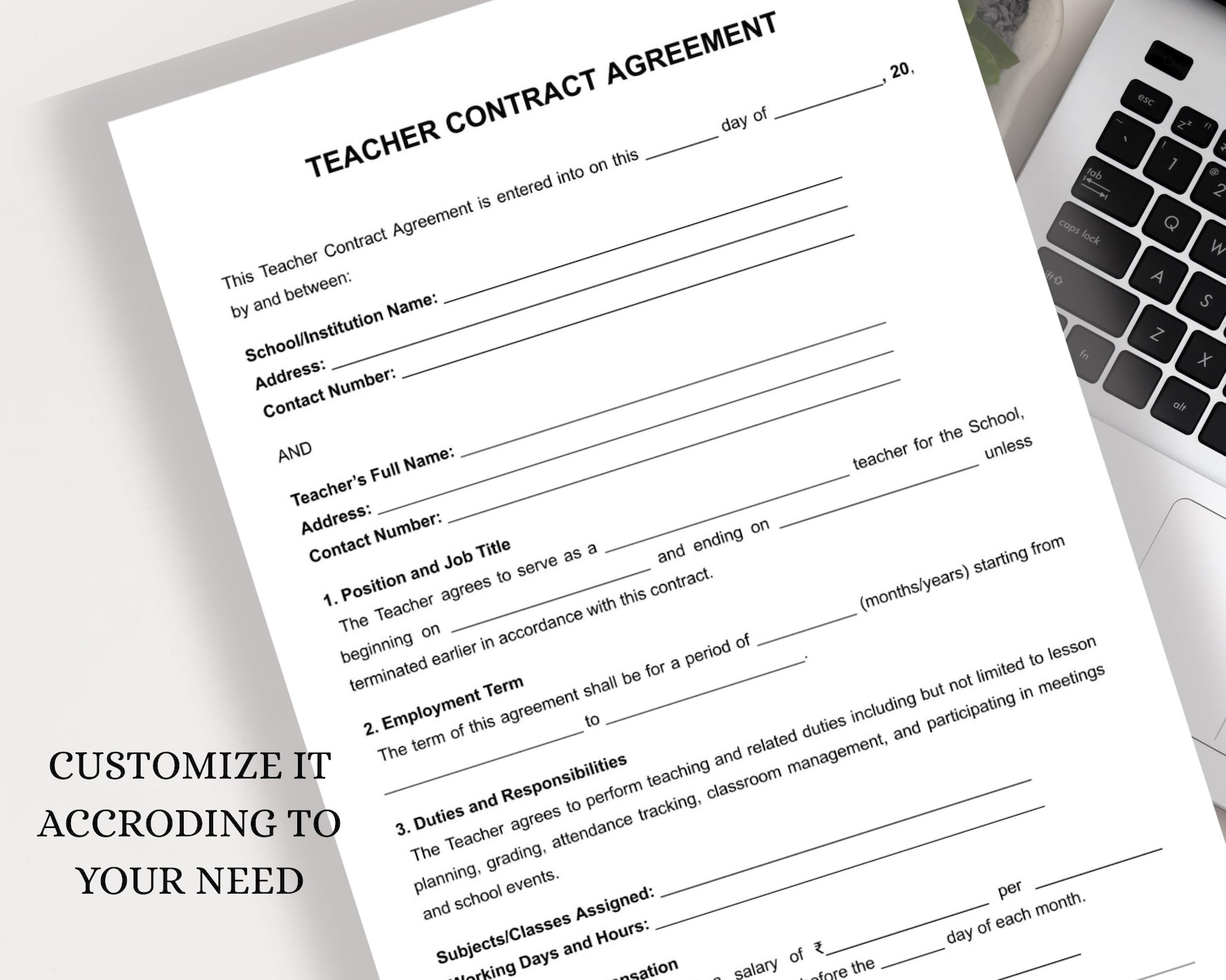 Teacher Contract Agreement Template | Editable Doc & PDF - Etsy