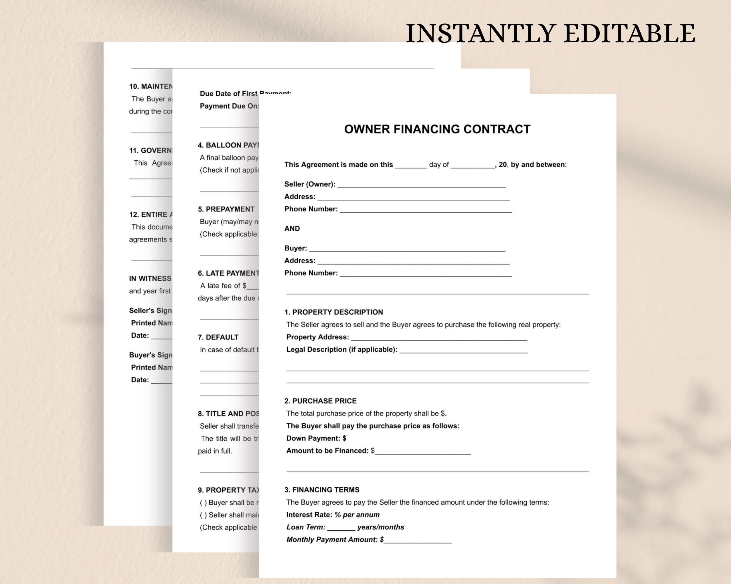 Owner Financing Contract Template: Editable Real Estate Agreement (doc ...
