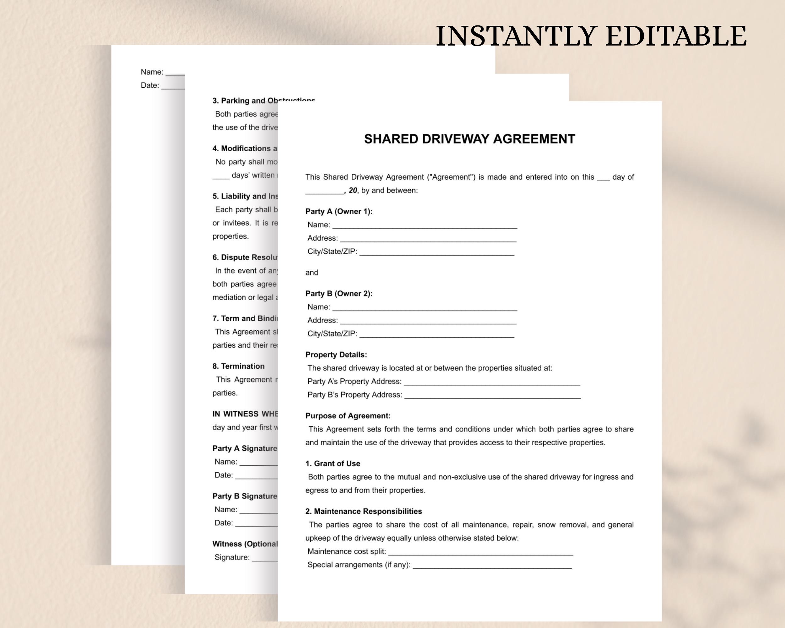 Shared Driveway Agreement Template | Editable DOC & PDF | Property ...
