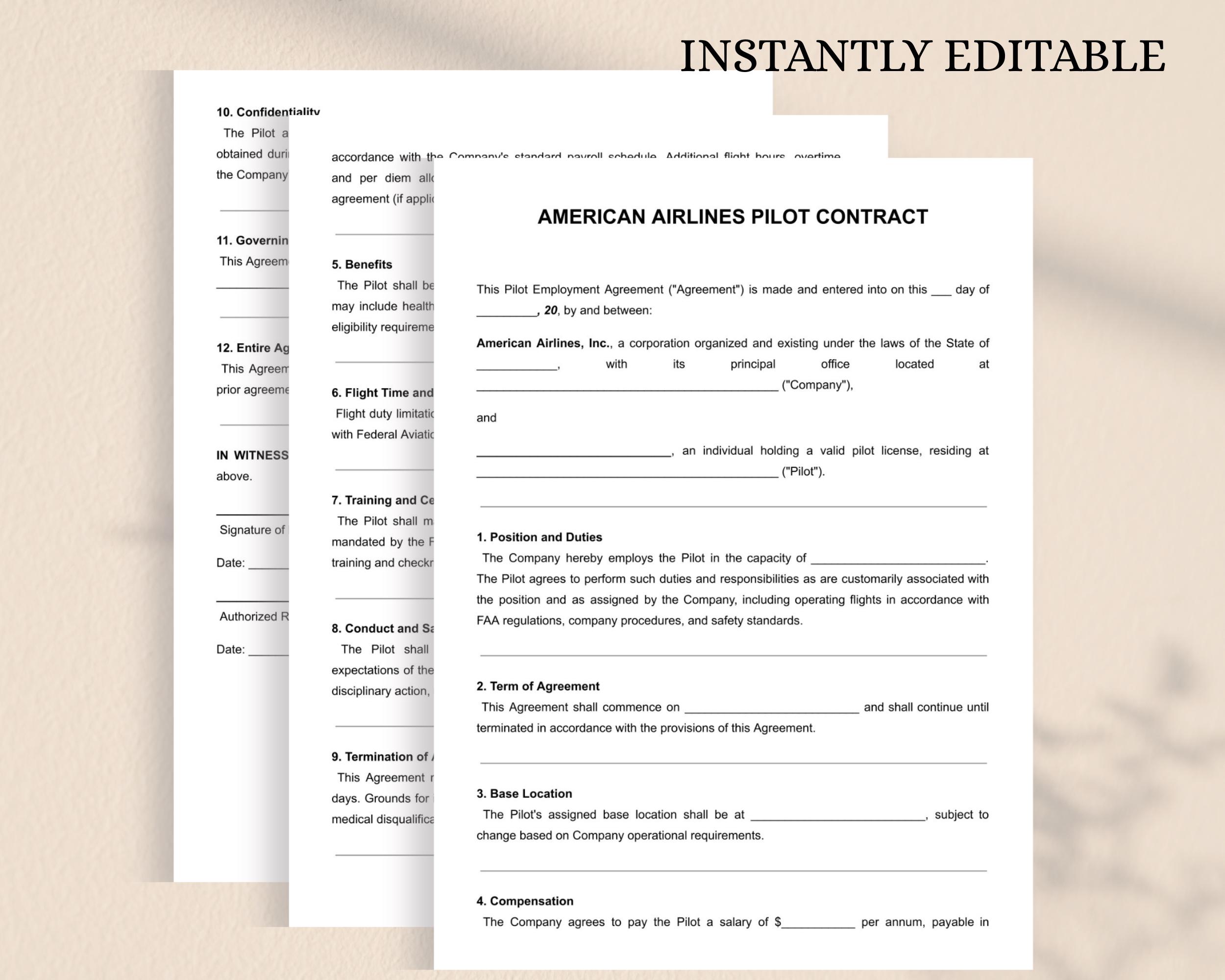 American Airlines Pilot Contract Template | Editable DOC & PDF Aviation ...