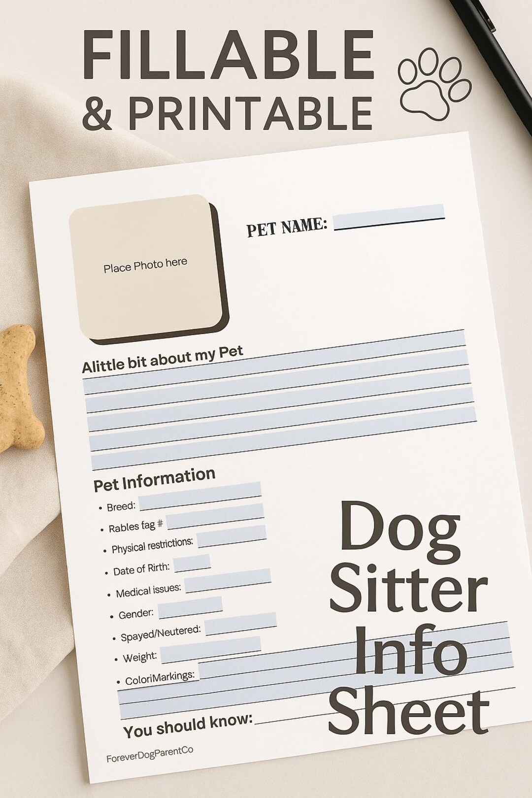 8 Fillable & Printable Pages | Dog Sitter Information Sheet | Pet ...