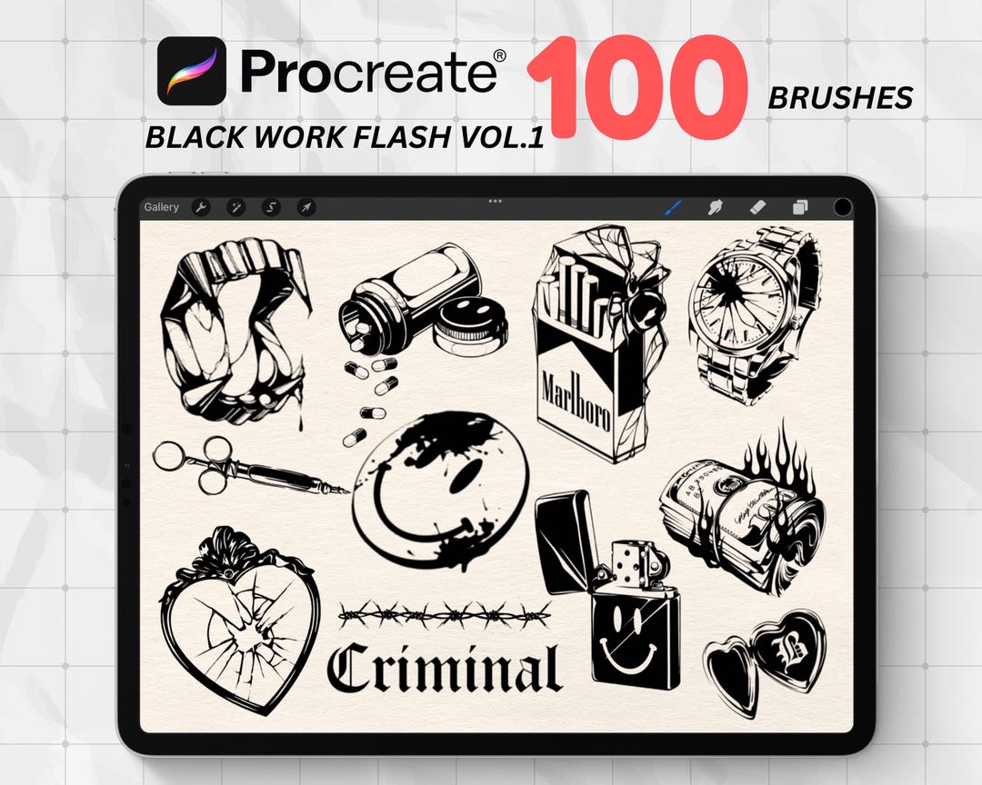 100 Black Work Procreate Tattoo Brushes – Blackwork Stamp Set for iPad ...