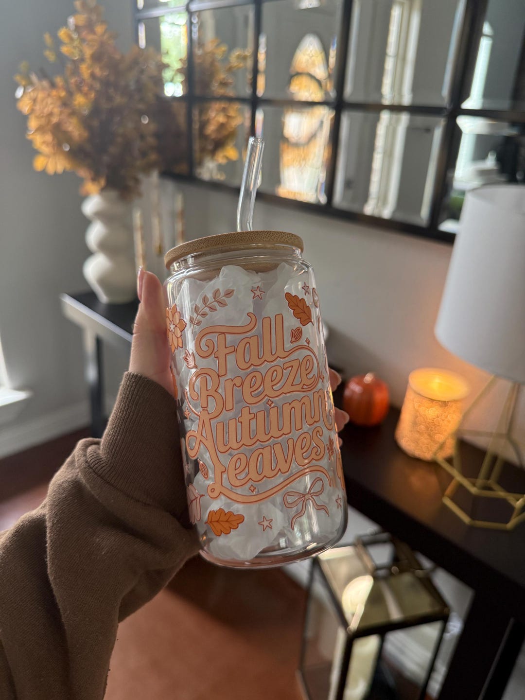 Fall Iced Coffee Cup, Fall Breeze Autumn Leaves Glass Cup With Bamboo ...