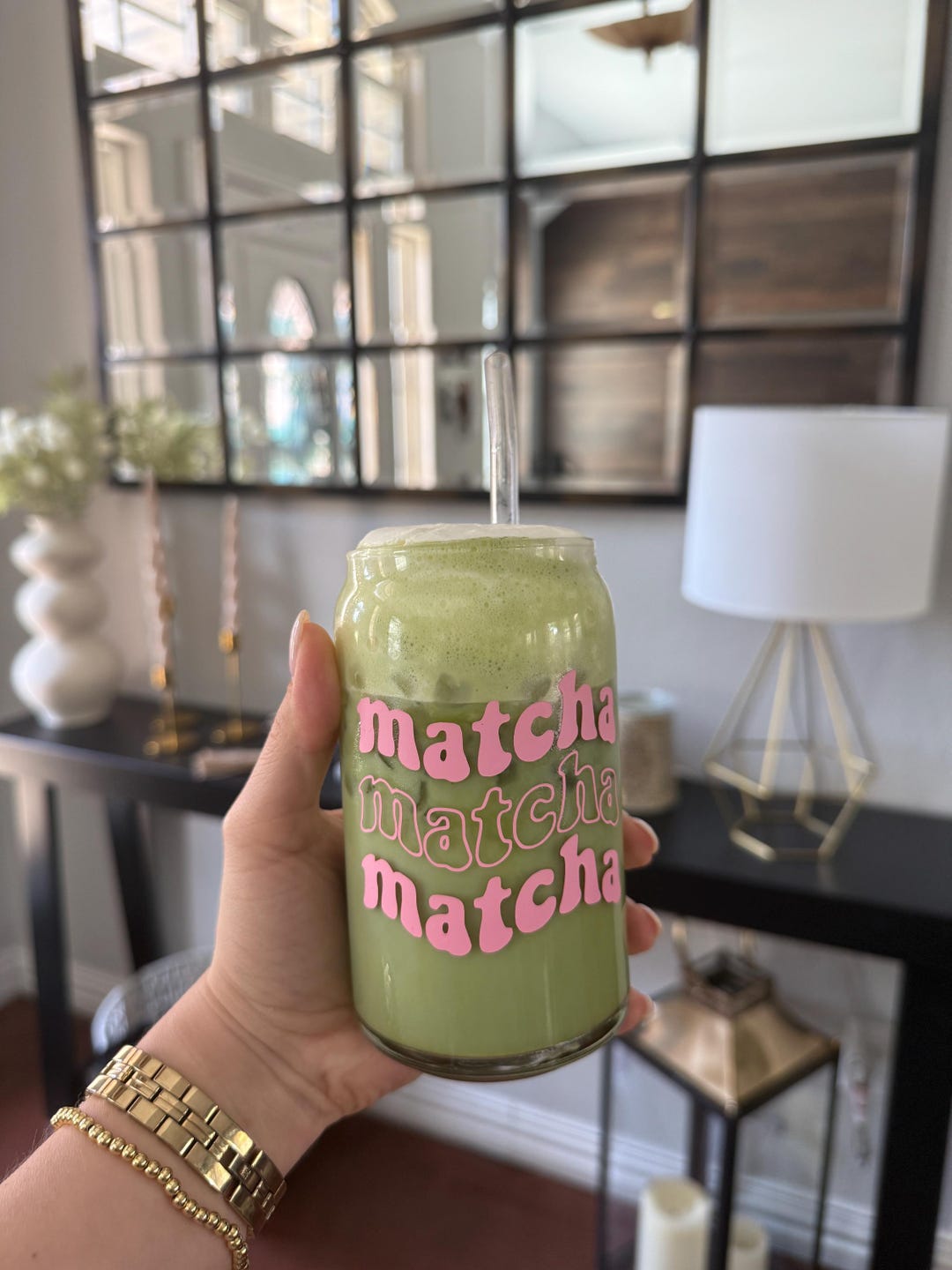 Custom Matcha Glass Cup, 16oz Glass Cup With Lid & Straw, Iced Matcha ...