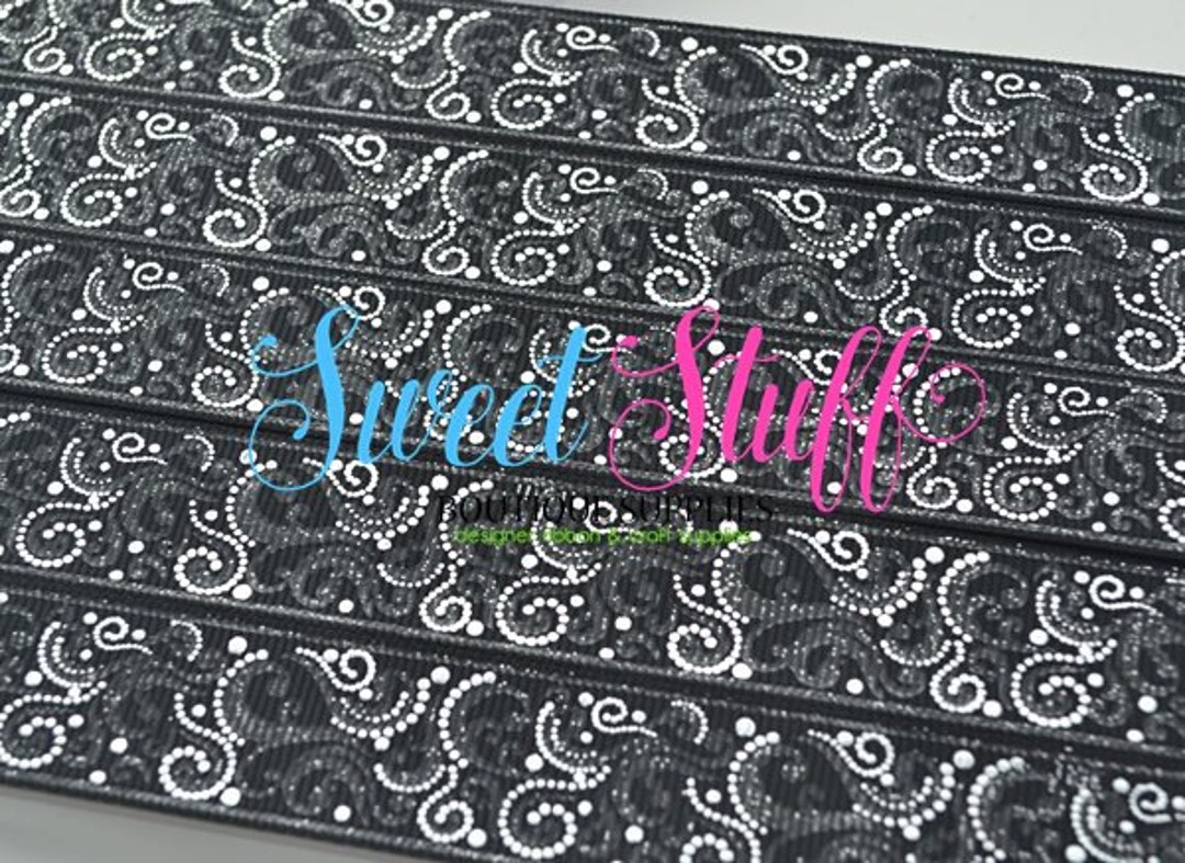 7/8" Fancy Swirls Black Glitter Silver Foil Printed Grosgrain Ribbon ...