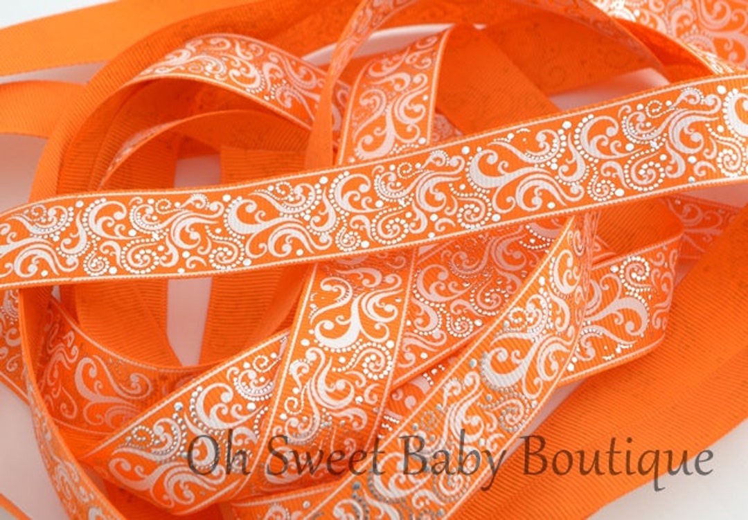 7/8 Tangerine / Orange Fancy Swirls With Foil Accents Printed Grosgrain ...