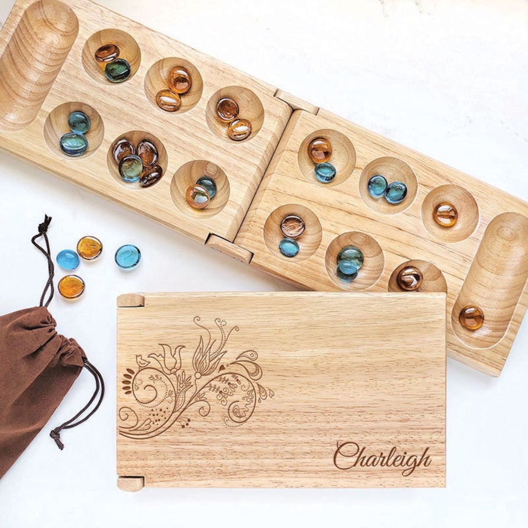 Mancala Board - African Stone Game -engraved Floral Wood - Flower Girl ...