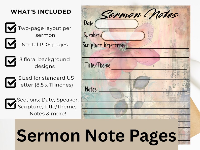 Sermon Notes Template Printable, Floral Sermon Notes Printable, Church ...
