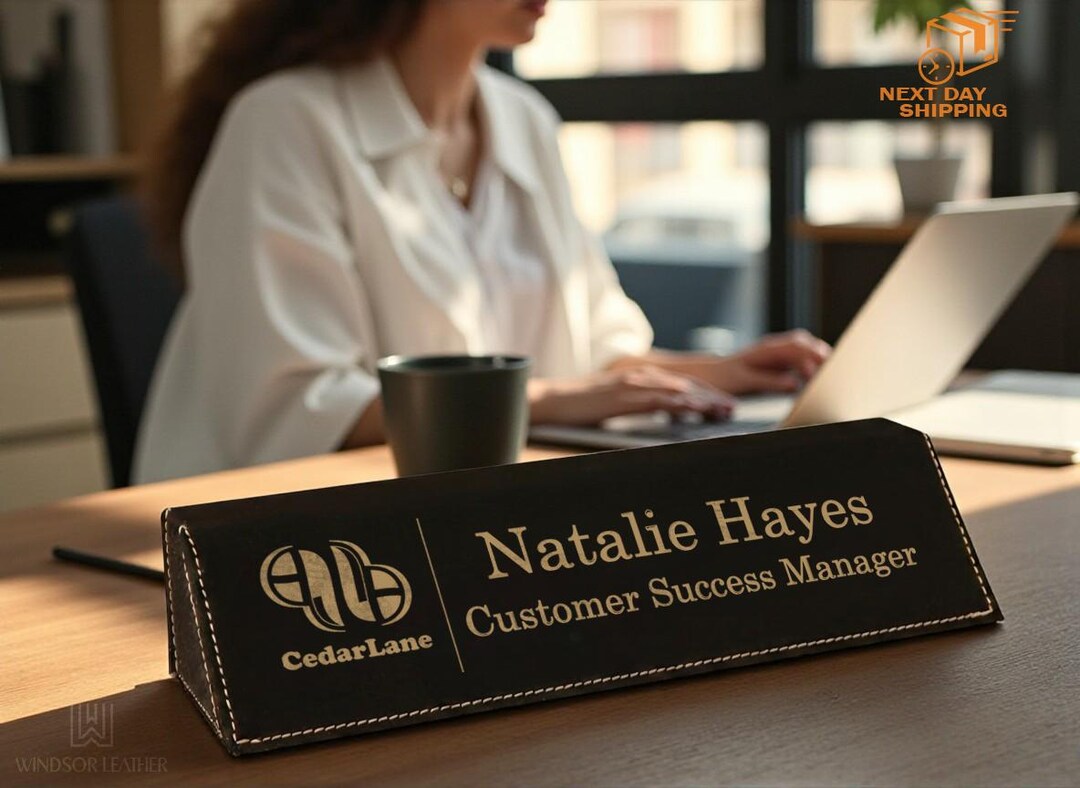 Personalized Leather Desk Wedge, Custom Nameplate for Office Desk ...