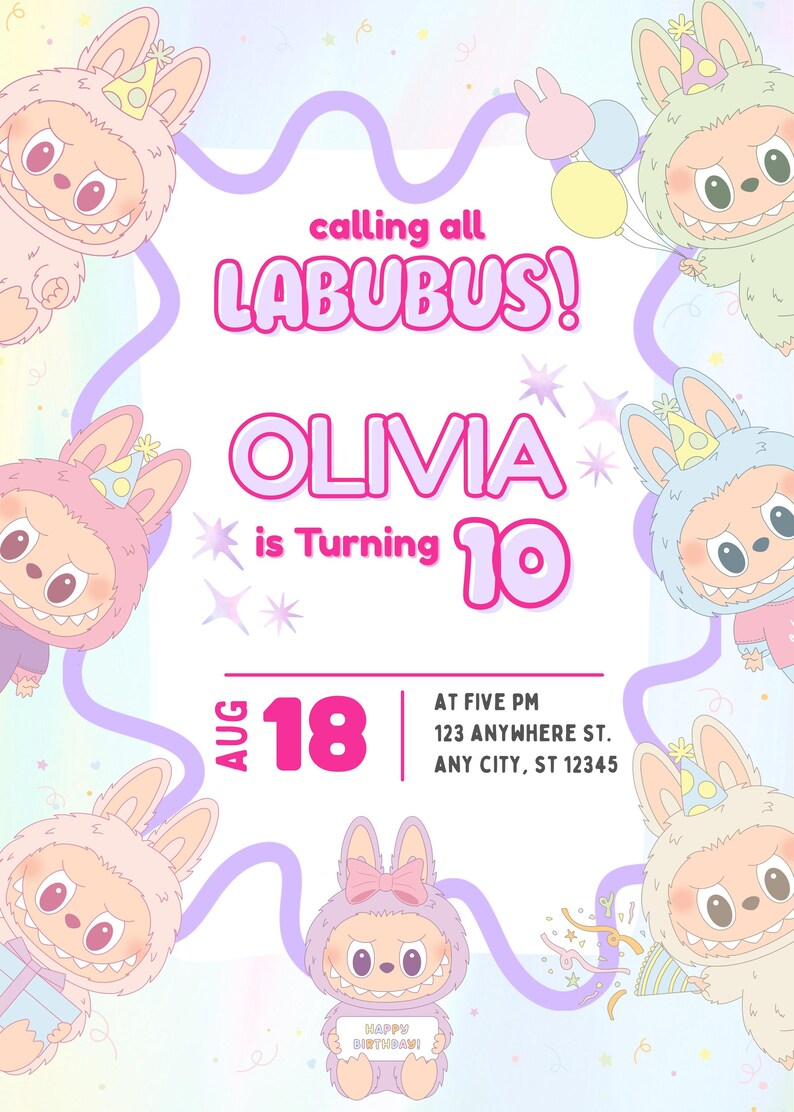 Labubu Party Invitation, Digital Download, Editable Canva Birthday ...