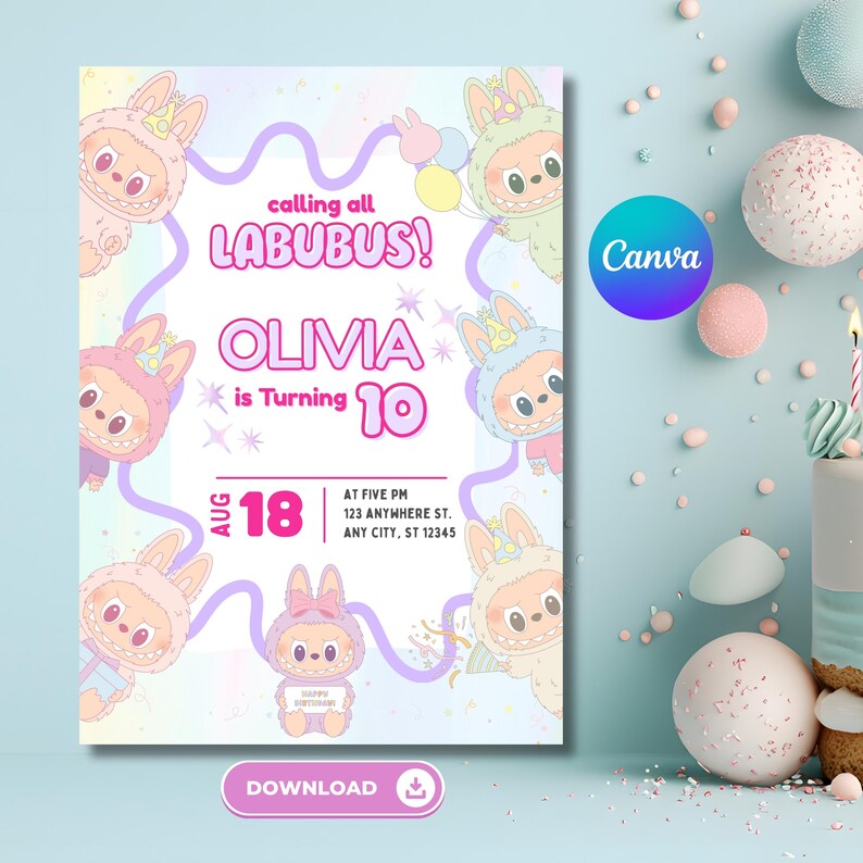 Labubu Party Invitation, Digital Download, Editable Canva Birthday ...
