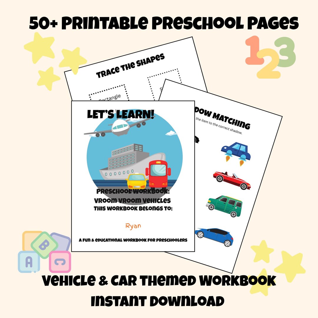 Vroom Vroom Vehicles – 52-page Printable Preschool Workbook | Letter ...