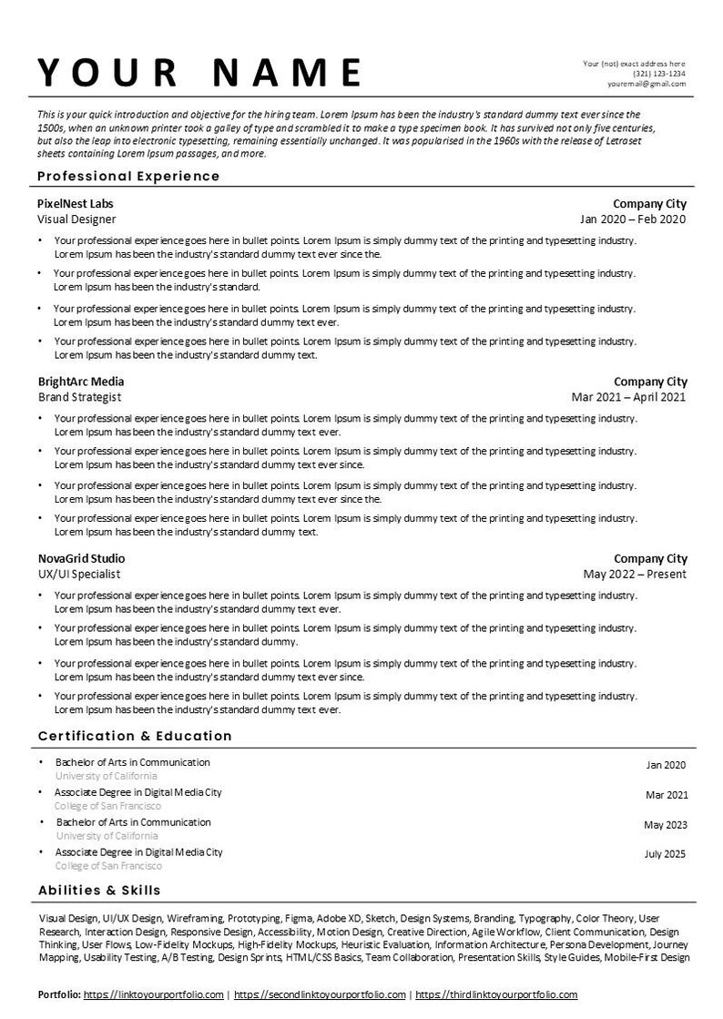 Professional Resume Template | Single Page - Etsy