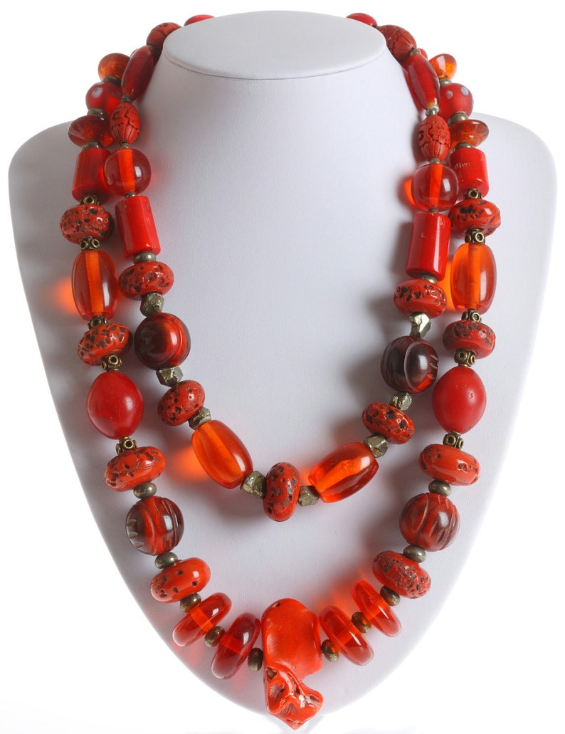 Red Bead Statement Necklace With Glass Beads Resin Beads Coral Beads
