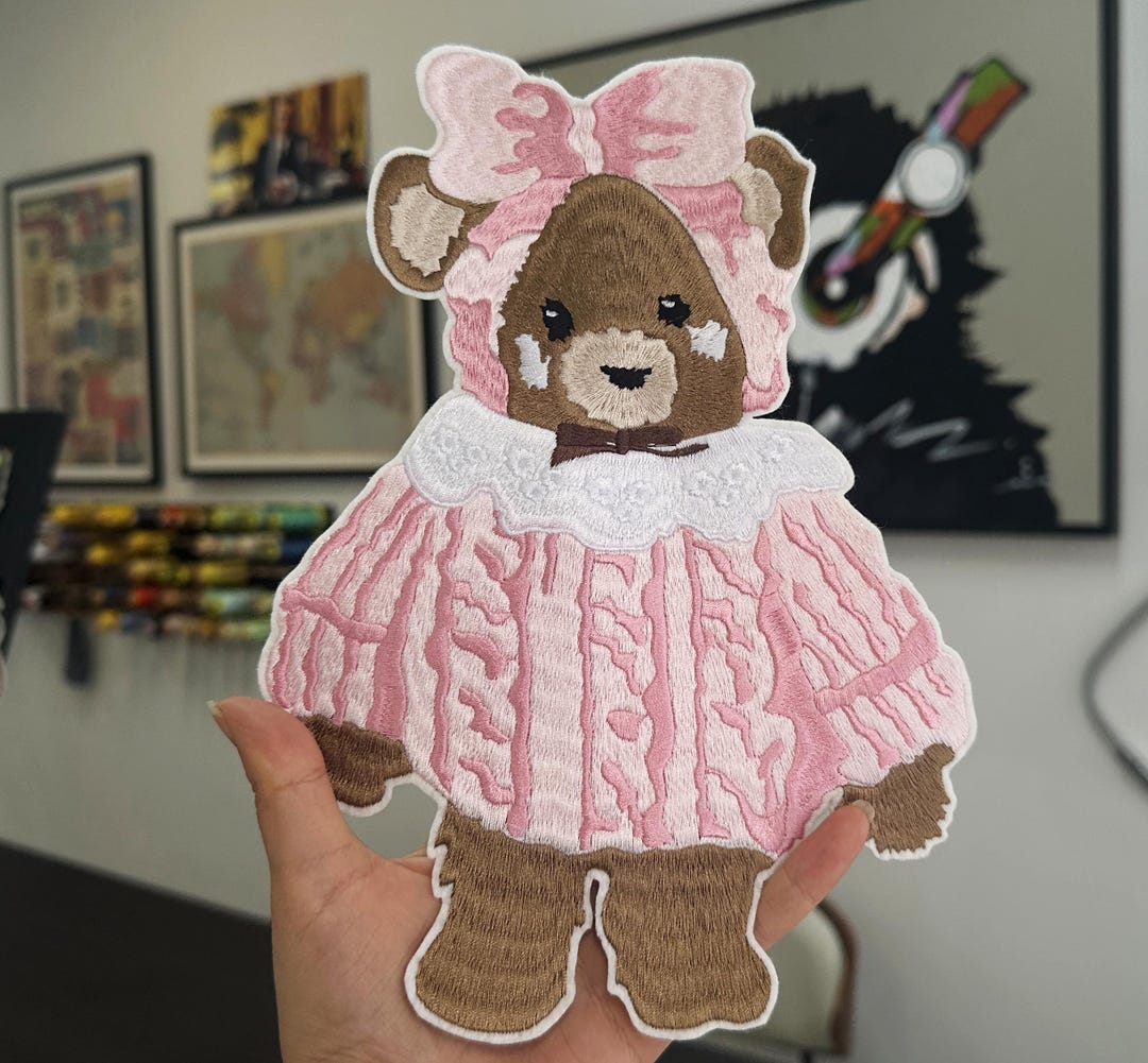 Hand Embroidered Teddy Bear Patch – Pink Frilly Dress Applique (sew On ...