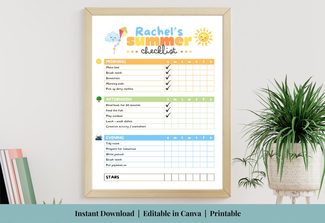 Editable Kids Checklist Printable Daily & Weekly Routine Chart Summer ...