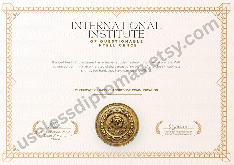 Certificate of Passive Aggressive Communication – Funny Digital Diploma ...