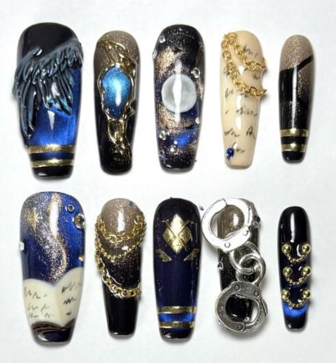 Dark Academia Press on Nails, 3D Raven Wing Fake Nails, Handmade Navy ...