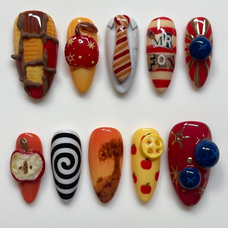 Mr. Fox Inspired Press on Nails, Handmade Cartoon Nail Art With Apples ...