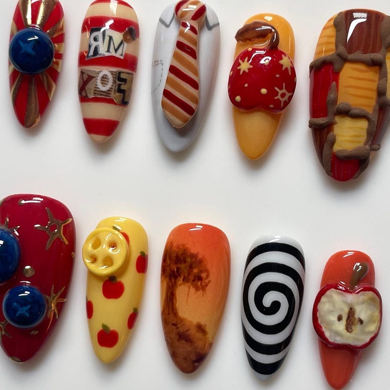 Mr. Fox Inspired Press on Nails, Handmade Cartoon Nail Art With Apples ...