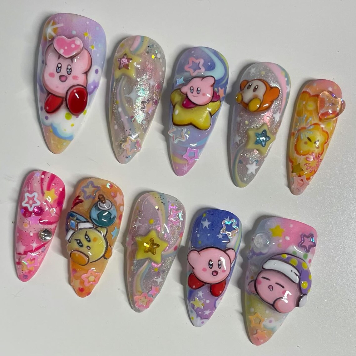 Kirby 3D Press on Nails, Handmade Kawaii Star Nail Set, Cute Pastel ...