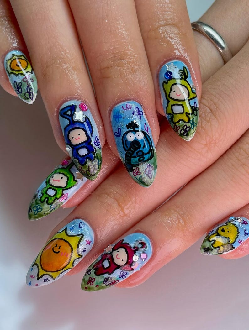 Cute Cartoon Press on Nails, Teletubbies Inspired Nail Set, Handmade ...