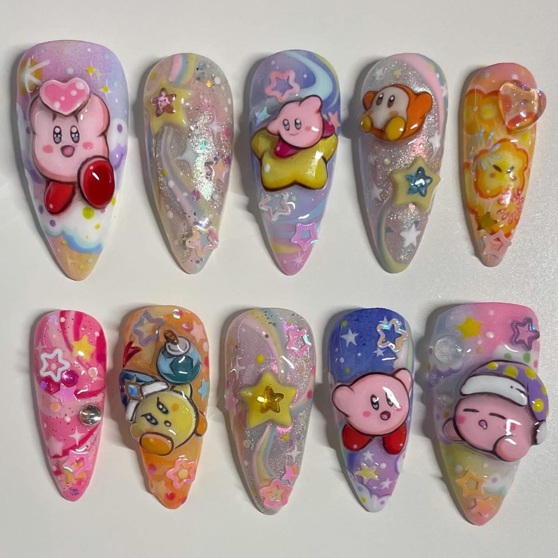 Kirby 3D Press on Nails, Handmade Kawaii Star Nail Set, Cute Pastel ...