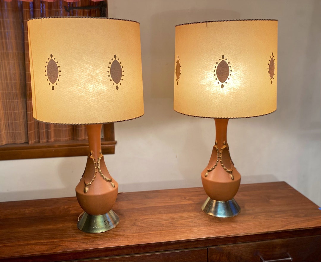 Pair Mid-century Table Lamps Ceramic Organic Amoeba Original Shades ...