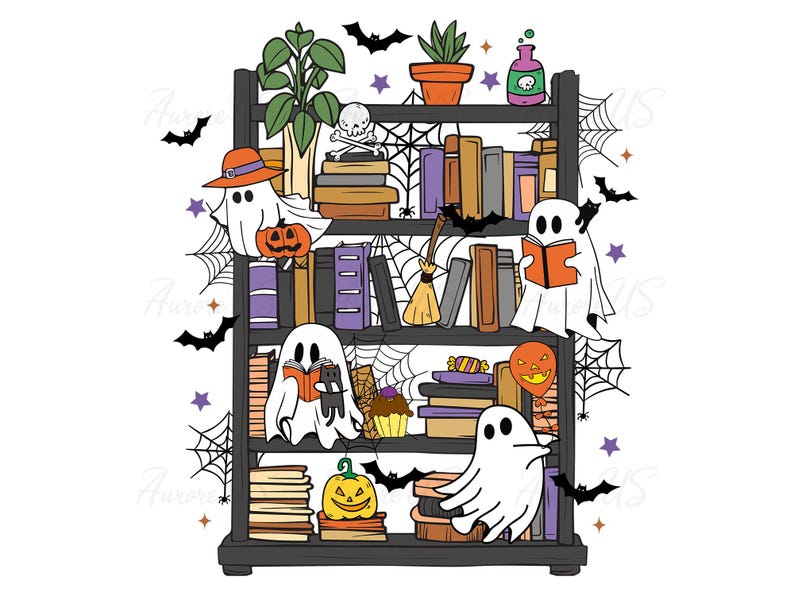 Retro Halloween Bookshelf Png, Ghost Reading Book Png, Halloween ...