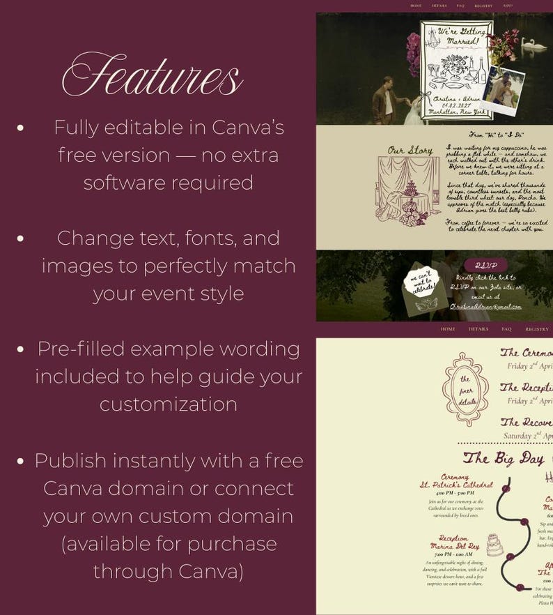 Burgundy Floral Wedding Website Template: Hand-drawn Design (digital ...