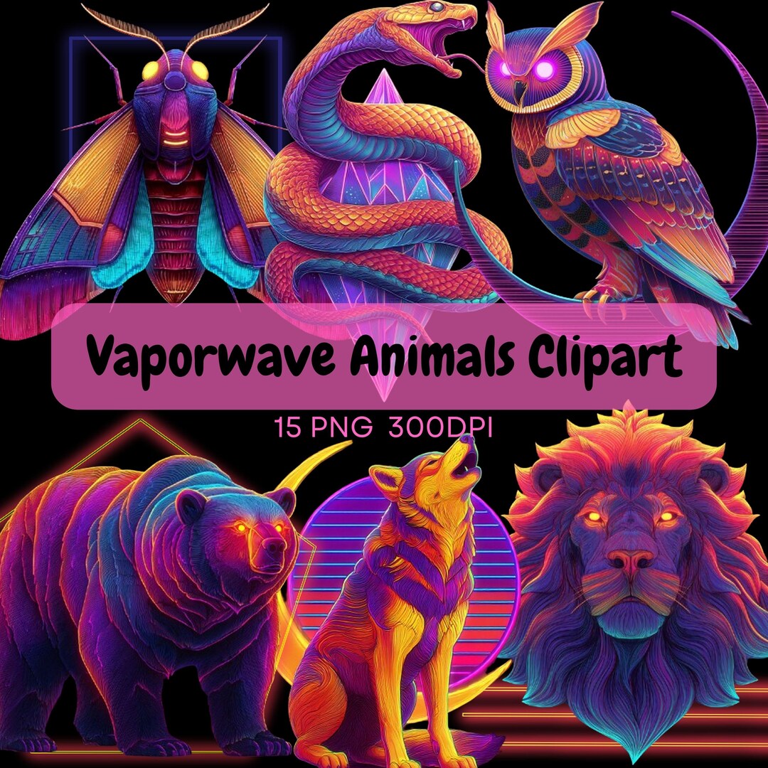 Retro Neon Animal Clipart, 15 PNG Set of 80s Vaporwave Art, Commercial ...