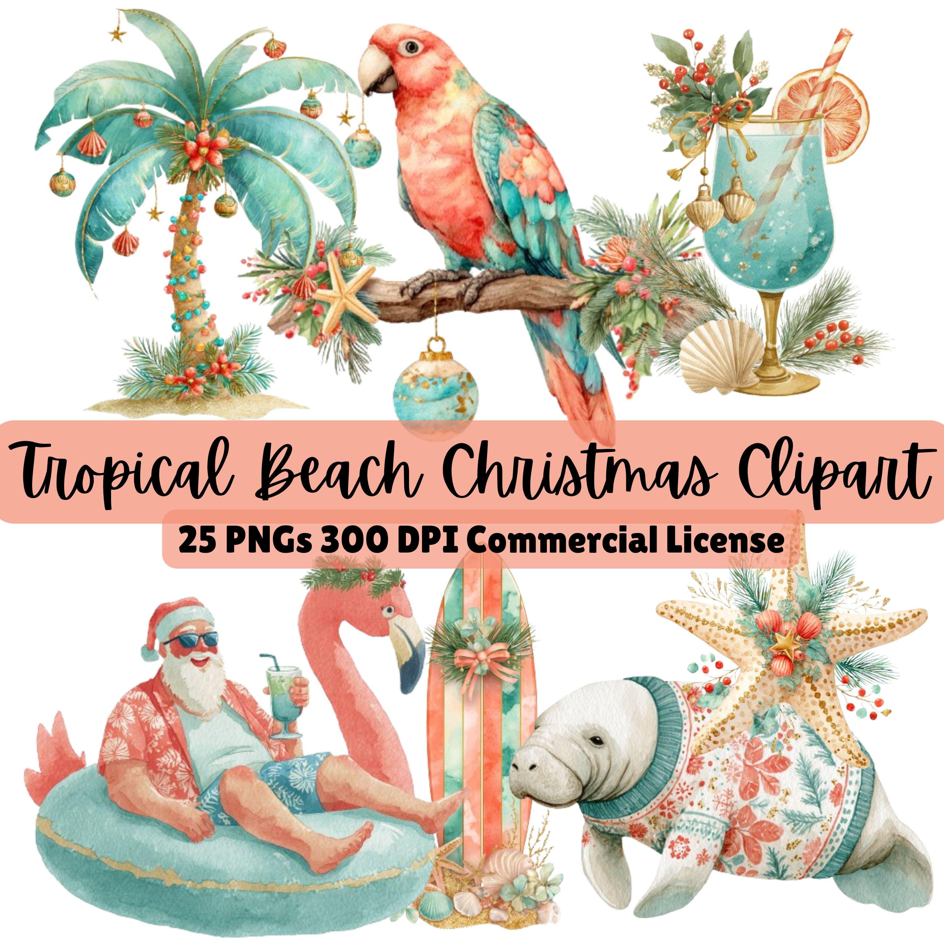 Tropical Christmas Beach Clipart Bundle, Watercolor Coastal Holiday PNG ...