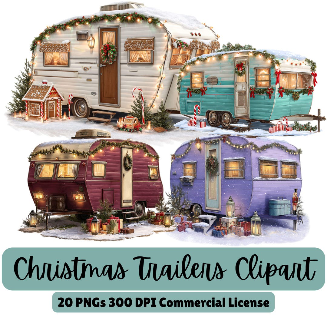 Retro Christmas Camper Clipart Bundle, 70s Style Holiday Trailer PNG ...