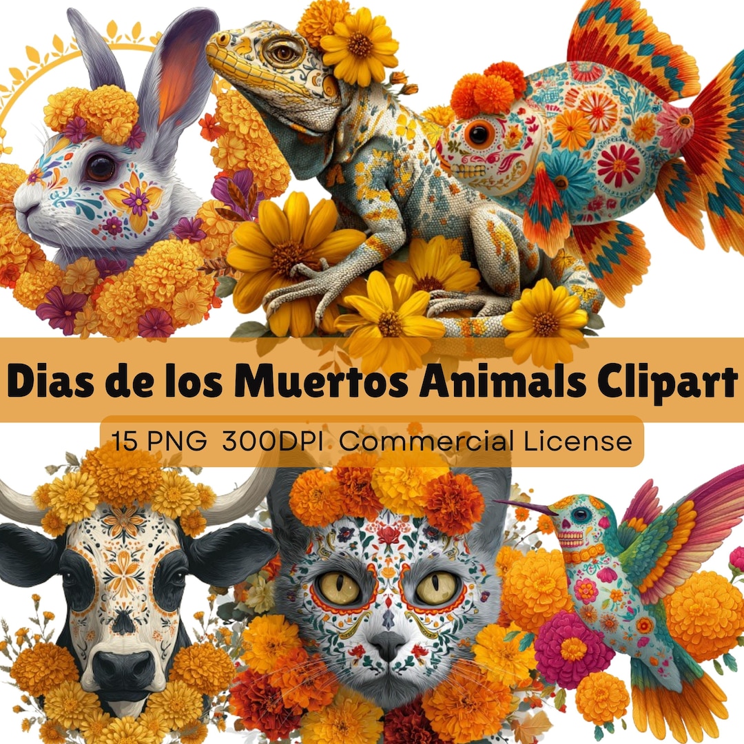 Day of the Dead Animal Clipart, 15 PNG Set of Sugar Skull Animals ...