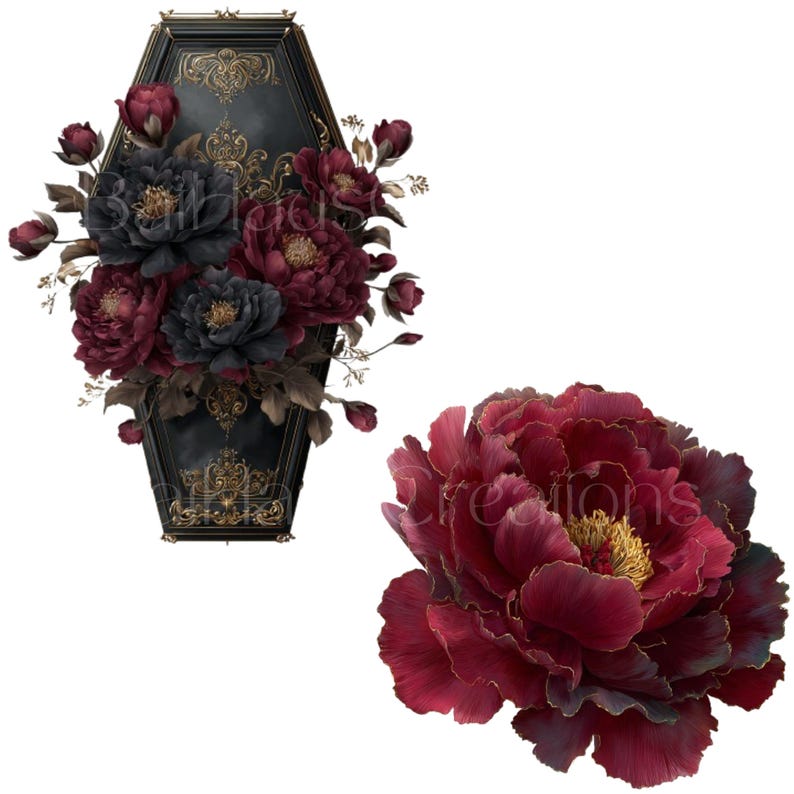 Gothic Lux Floral Clipart Set, 15 PNG Set of Black Roses, Peonies ...