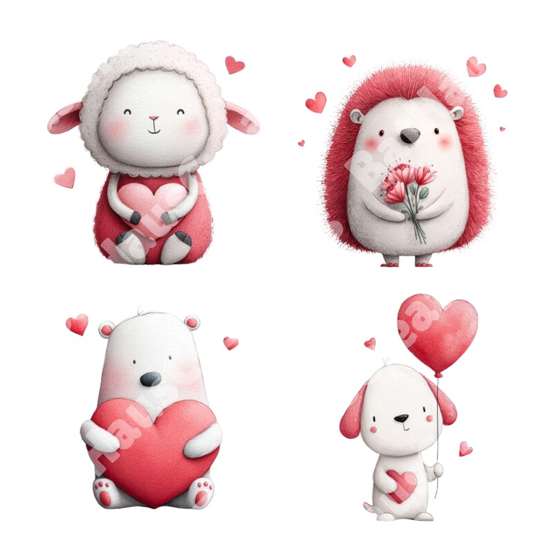 Cute Valentine Animals Clipart Bundle, Whimsical Animal PNG Set, Hearts ...
