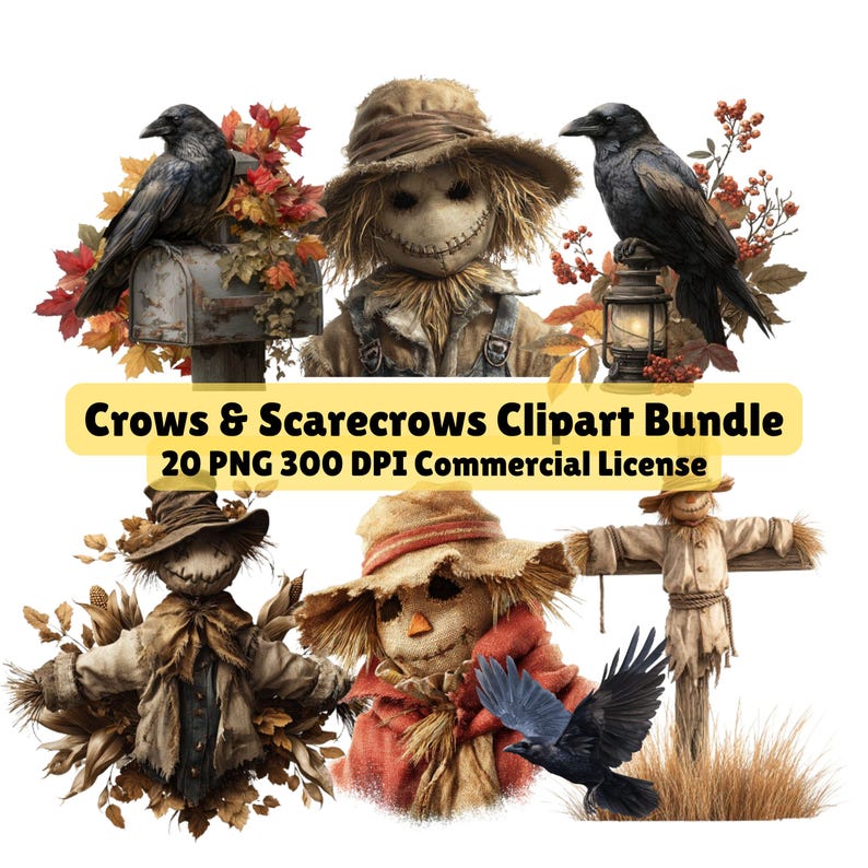 Fall Scarecrows & Crows Clipart, 20 PNG Set of Rustic Autumn Clipart ...