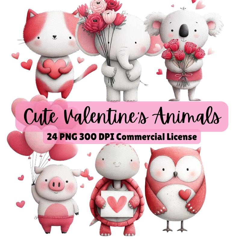 Cute Valentine Animals Clipart Bundle, Whimsical Animal PNG Set, Hearts ...