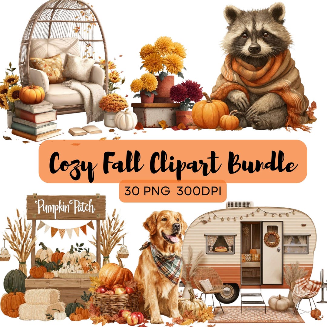 Cozy Fall Clipart Bundle: Autumn Scenes, Woodland Animals (PNG Digital ...