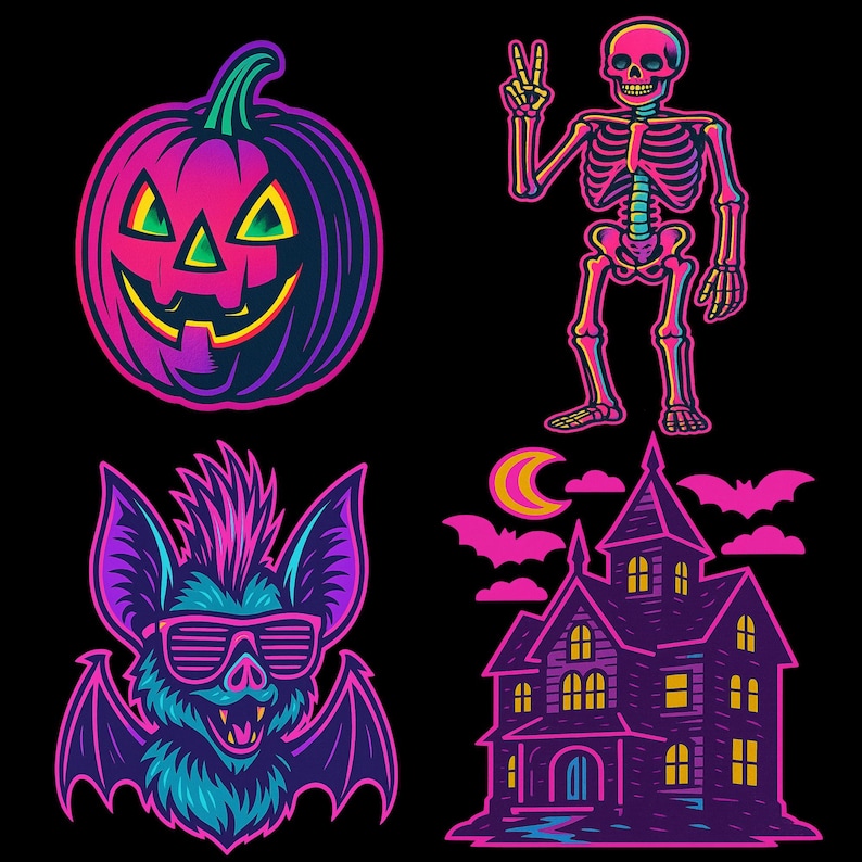 Retro Neon Halloween PNG Clipart Bundle: Ghost, Alien, Pumpkin (digital ...