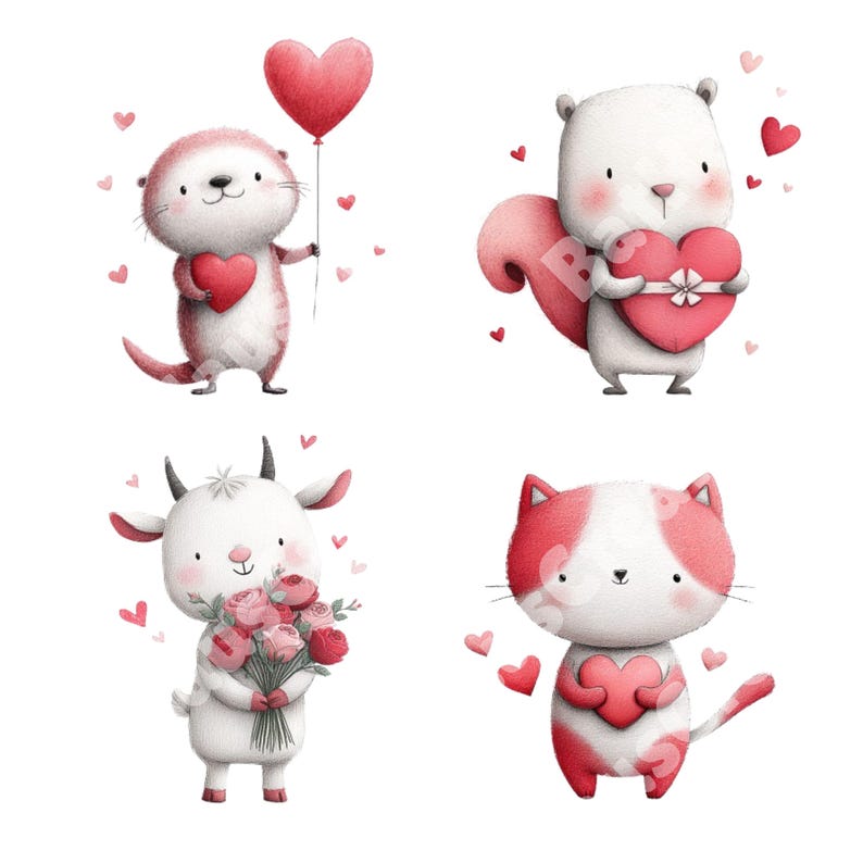 Cute Valentine Animals Clipart Bundle, Whimsical Animal PNG Set, Hearts ...