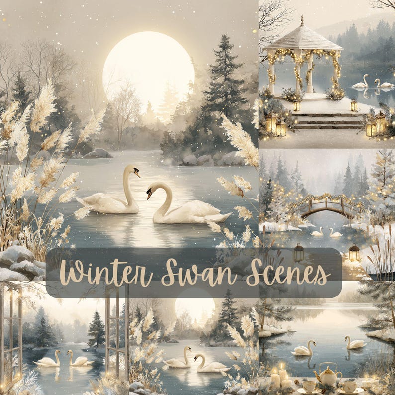 Swan Lake Winter Christmas Scenes, Watercolor Holiday Swan Landscape ...