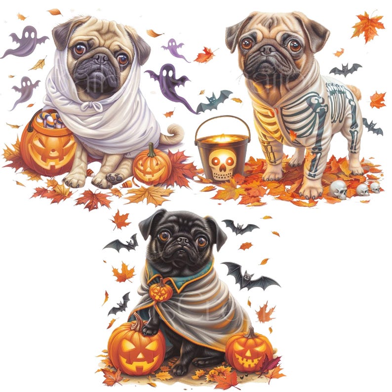 Halloween Pugs Clipart PNG Bundle: Spooky Dogs in Costume (digital ...