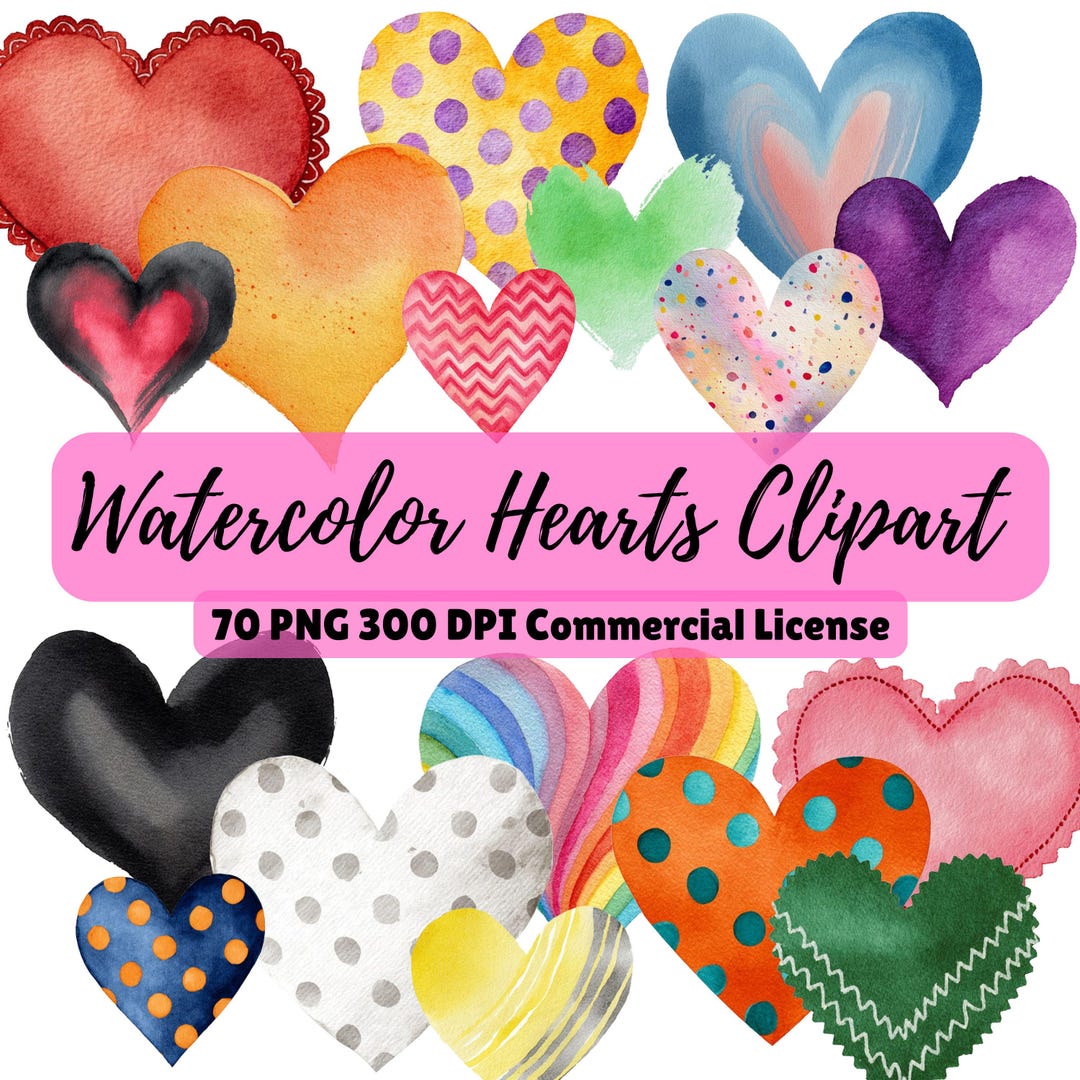 Watercolor Hearts Clipart Bundle, 70 Colorful Hand Painted Hearts PNG ...