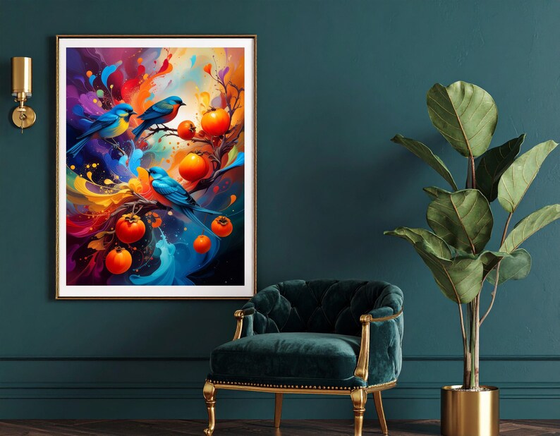 Van Gogh Inspired Persimmon & Bluebird Print: Vibrant Acrylic Painting ...