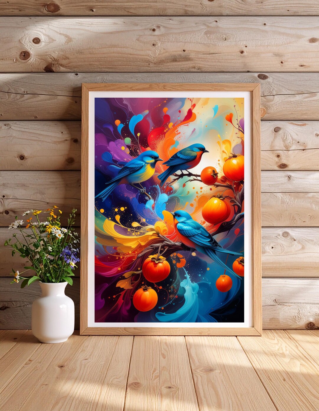 Van Gogh Inspired Persimmon & Bluebird Print: Vibrant Acrylic Painting ...