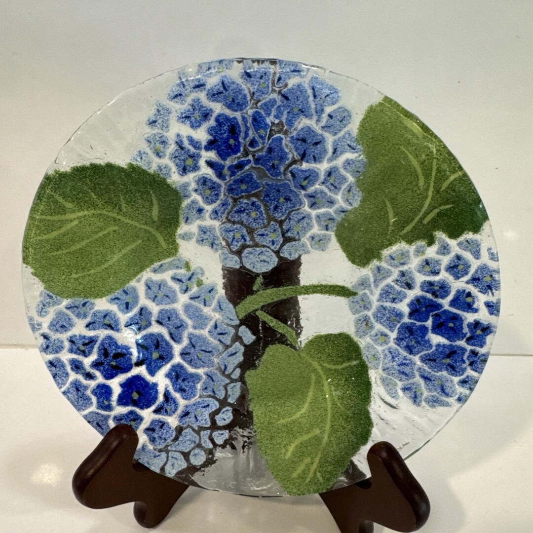 VTG Sydenstriker Fused Art Glass Plate Blue Hydrangeas 6.75 Floral ...