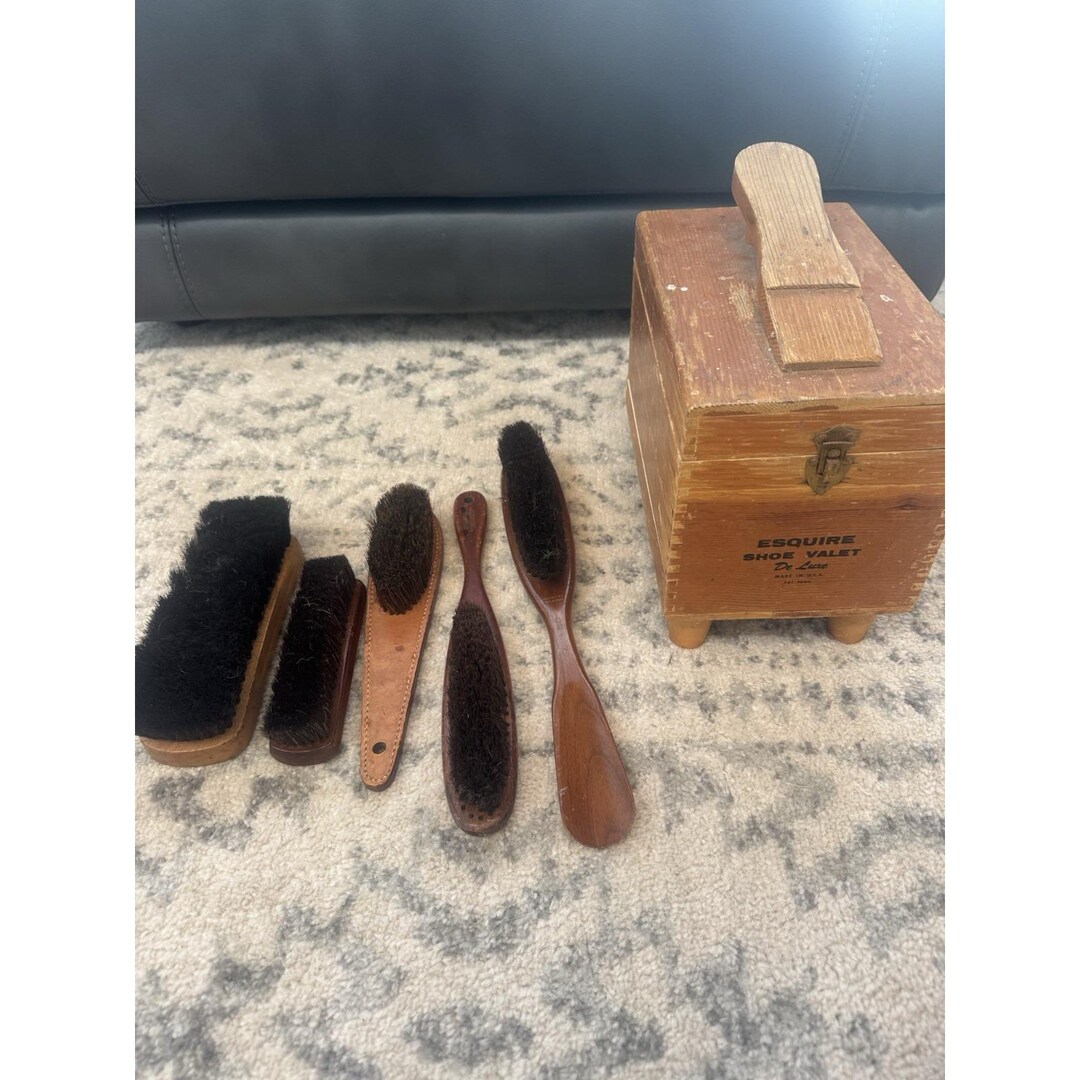 Vintage Wooden Esquire Shoe Valet De Luxe Shoe Shine Box W 5 Vintage